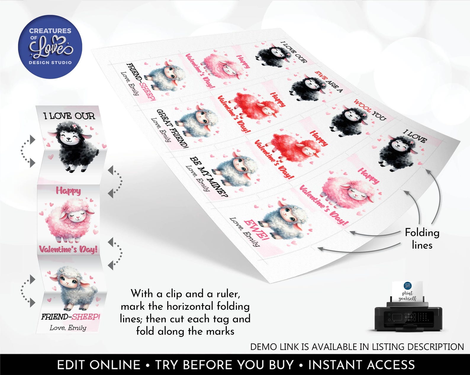 Editable Sheep Valentine's Day Cards Lamb Kids Valentine's Day Tags ...