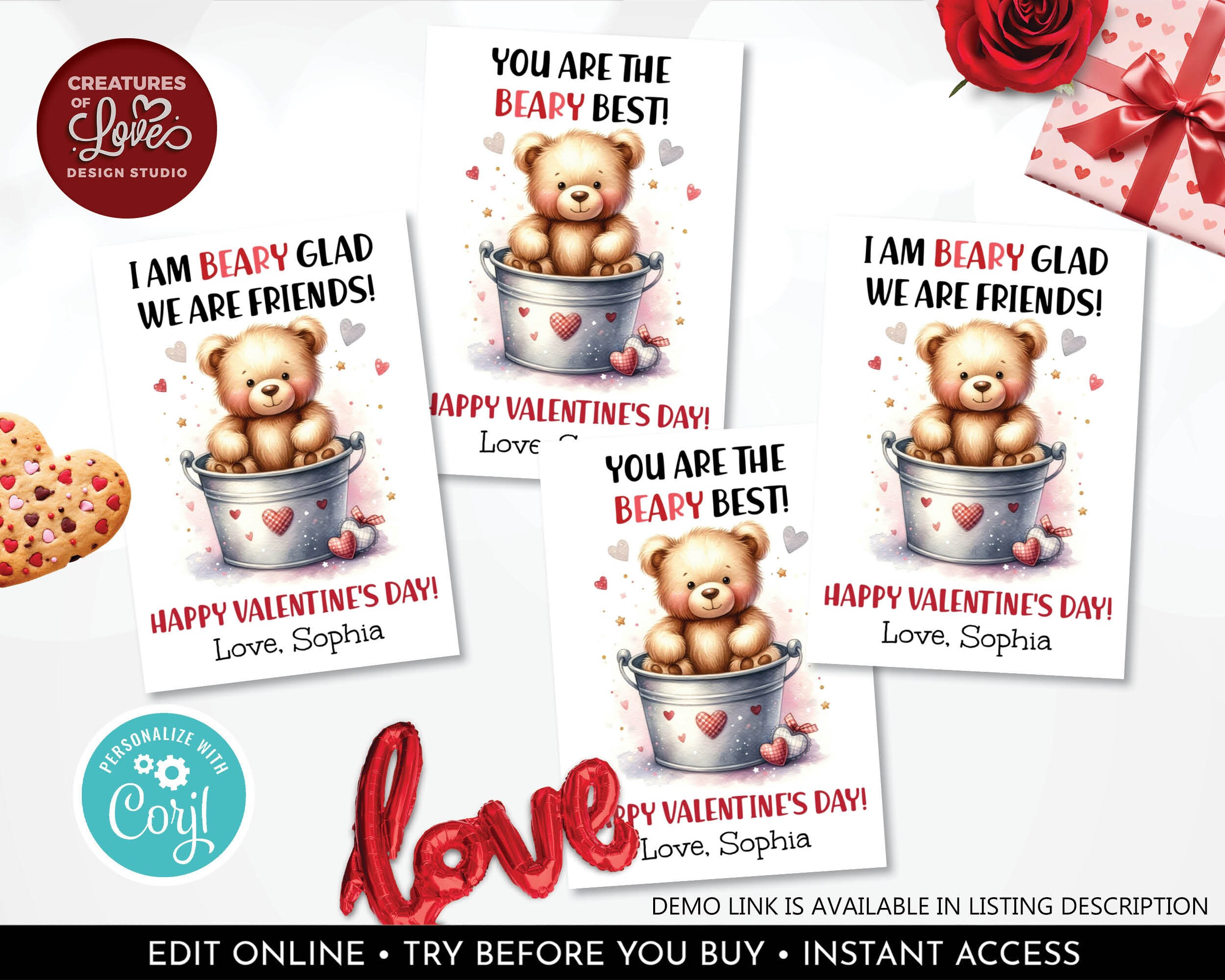 Editable Bear Valentine's Day Cards Teddy Bear Valentines Day Gift Tags ...