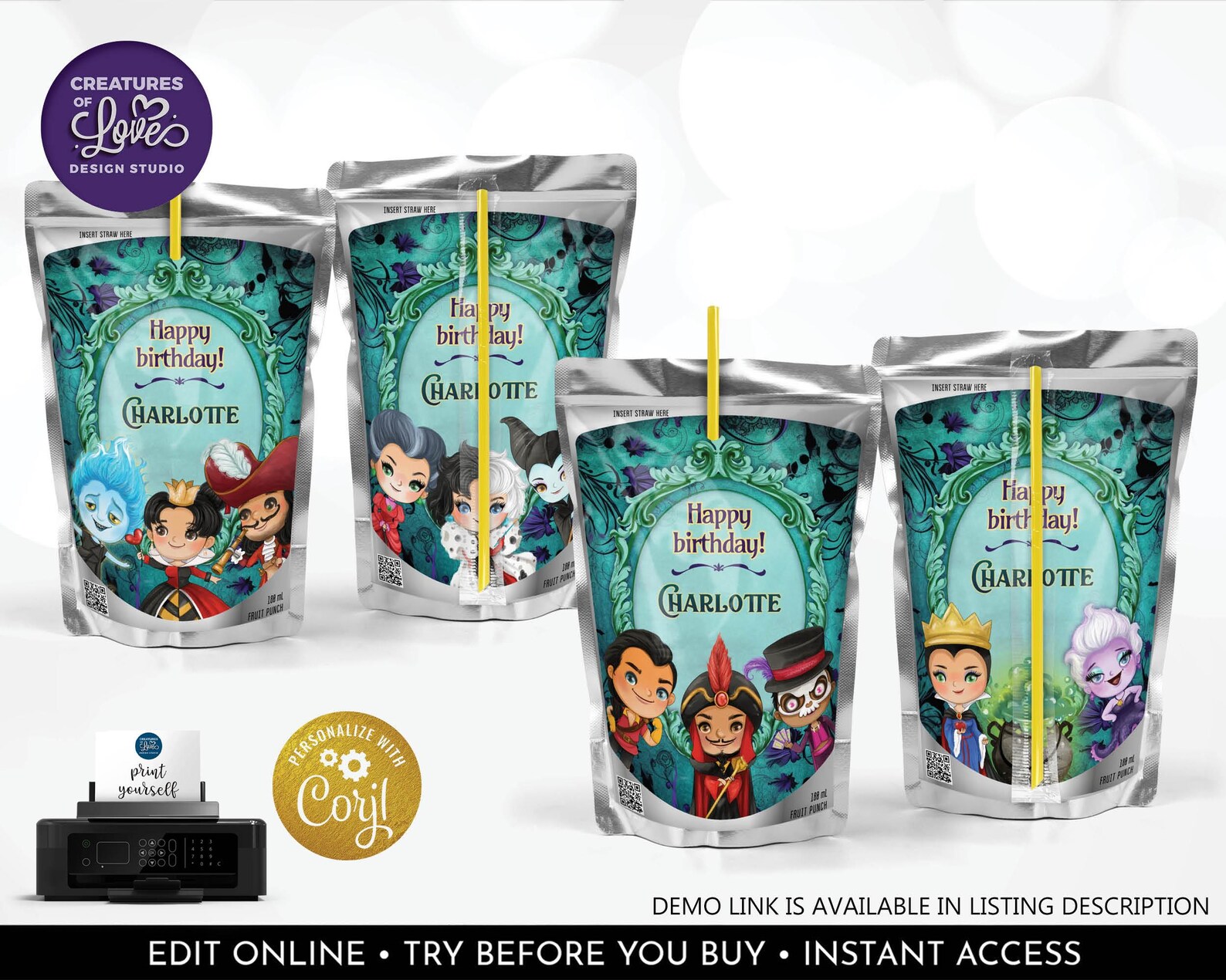 Editable Villains Juice Pouch Label Evil Characters Birthday Party ...