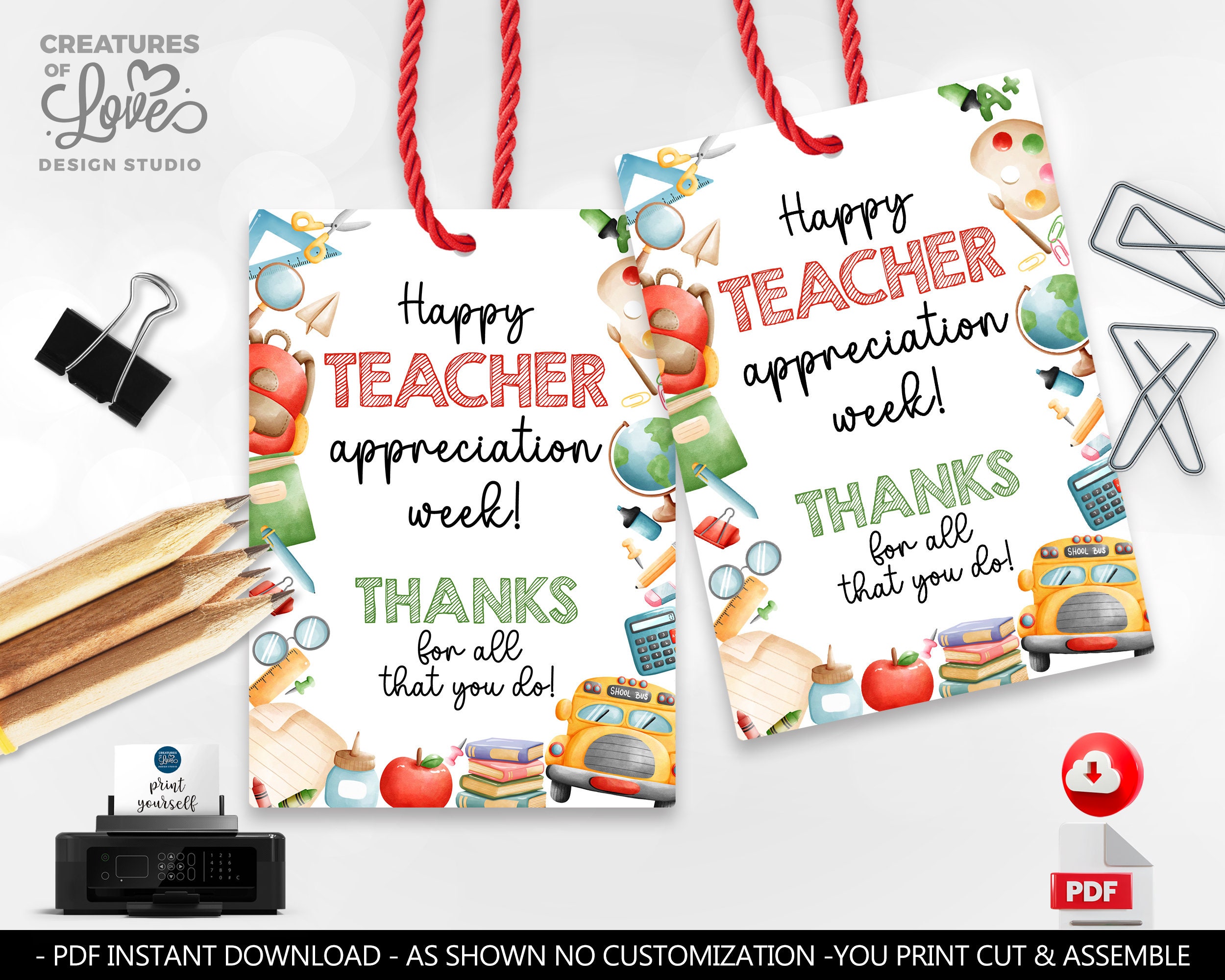 Teacher Appreciation Tags Thank You Teacher Gift Tag School Student ...