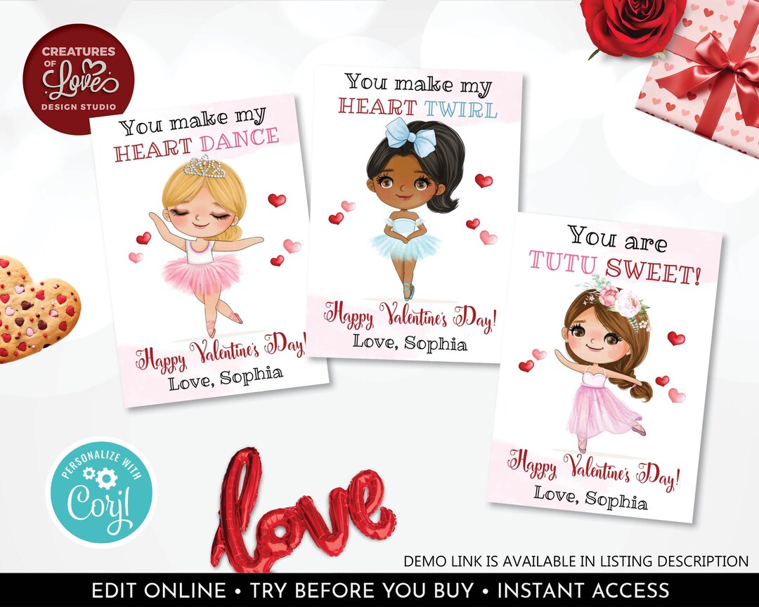 Editable Ballerina Valentine's Day Cards Ballet Valentines Card School ...