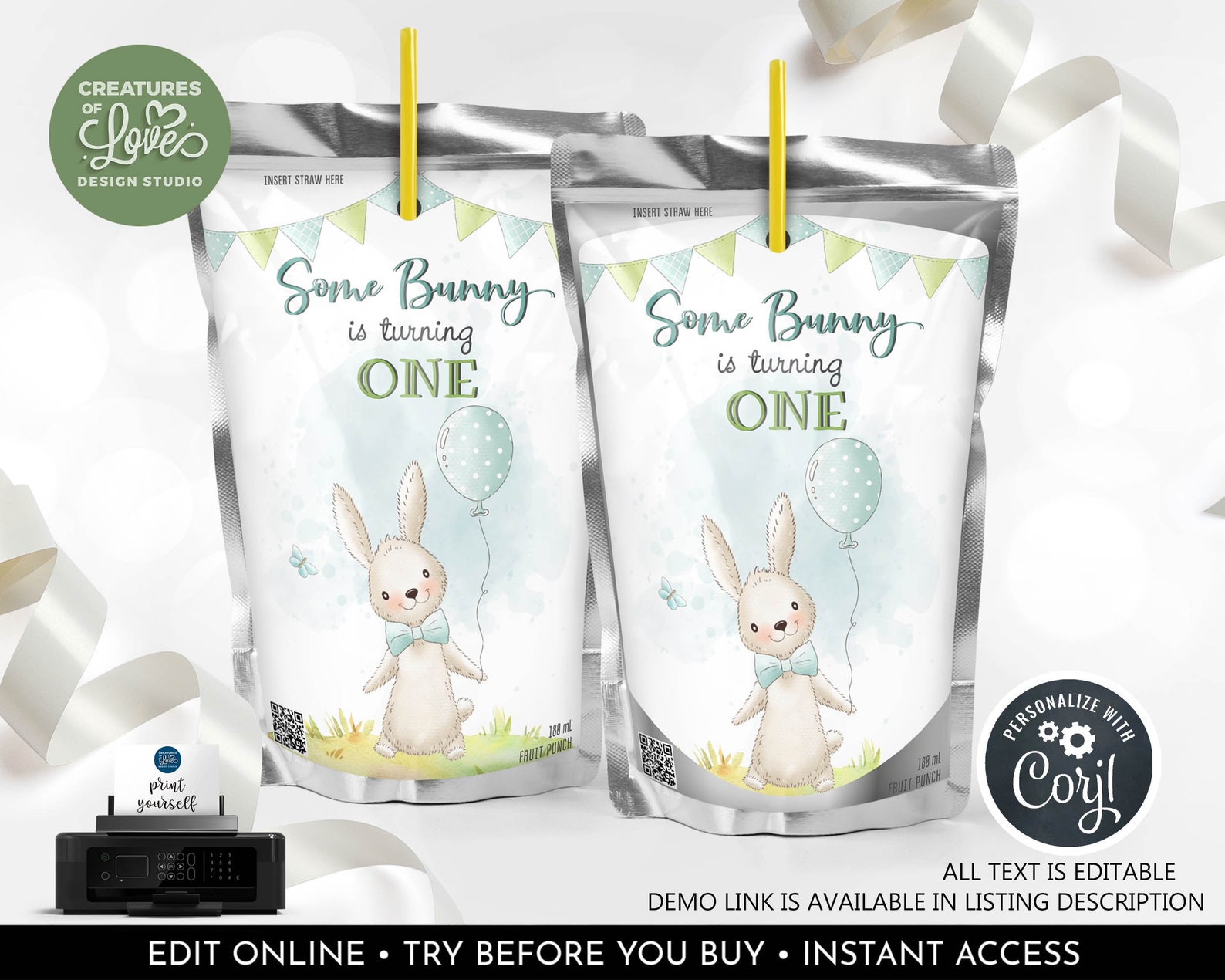 Editable Bunny Juice Pouch Label Bunny Birthday Party Favors Blue ...