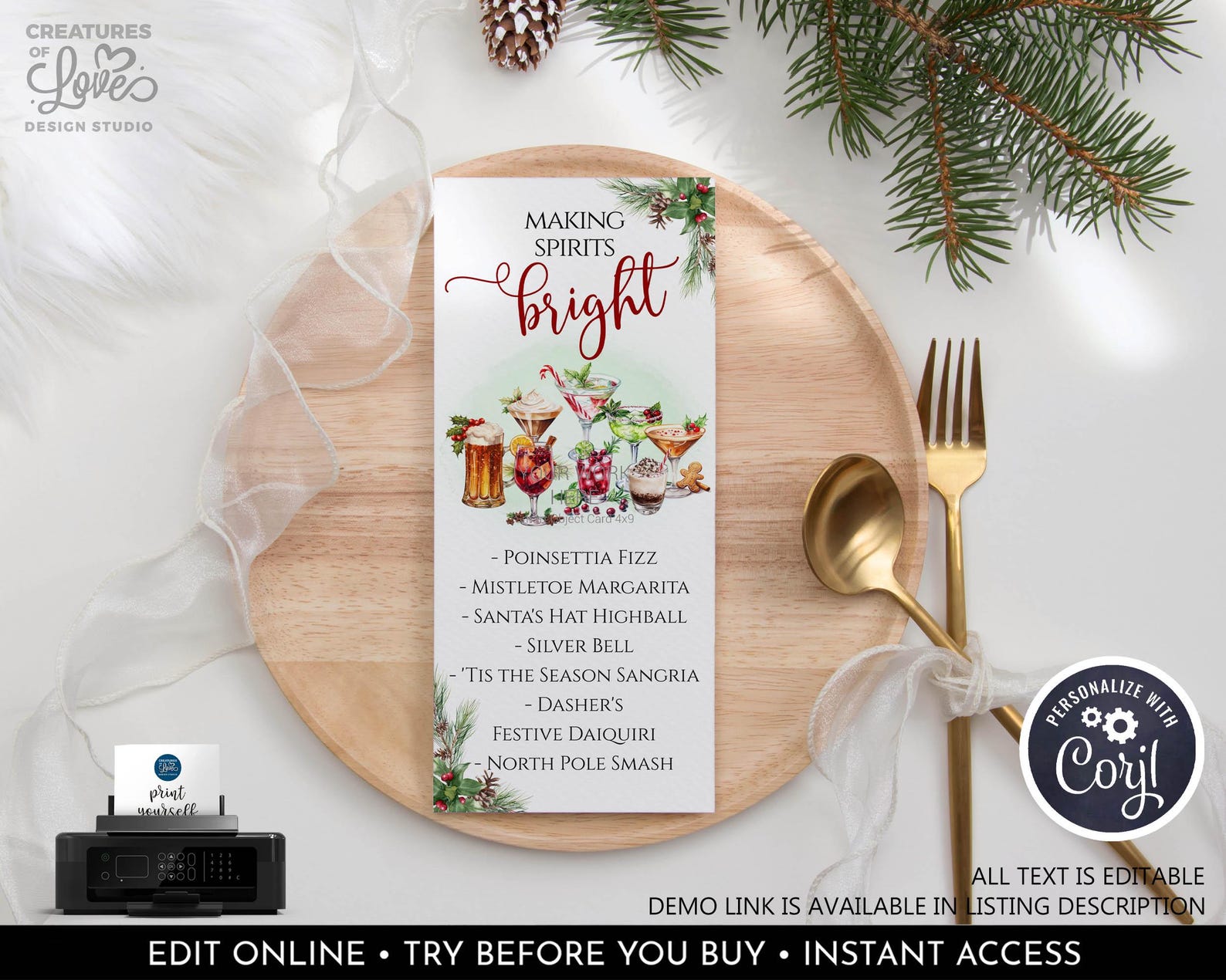 Editable Christmas Cocktail Menu Making Spirits Bright Drinks Menu ...