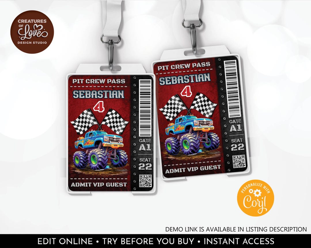 Editable Monster Truck Pit Pass Monster Jam VIP Guest Pit Pass Holder ...