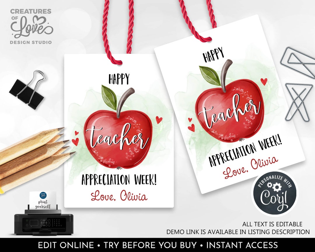 EDITABLE Teacher Appreciation Gift Tag Apple Favor Tag School Employee ...