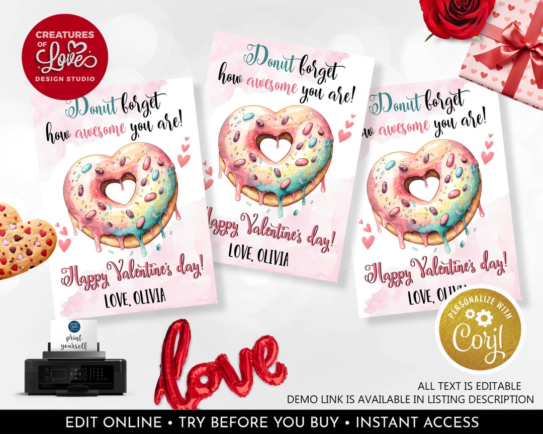 Printable Donut Valentine's Cards Donuts Valentine Tag Valentines Day ...