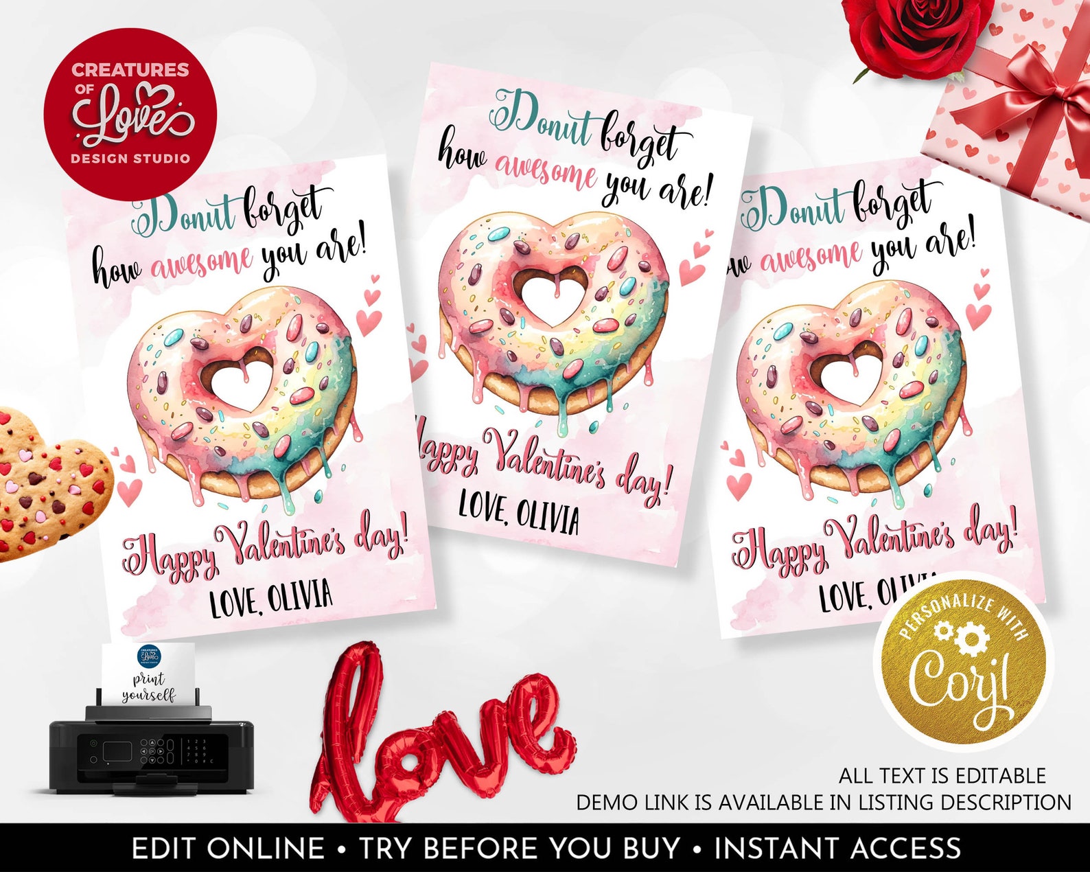 Printable Donut Valentine's Cards Donuts Valentine Tag Valentines Day ...