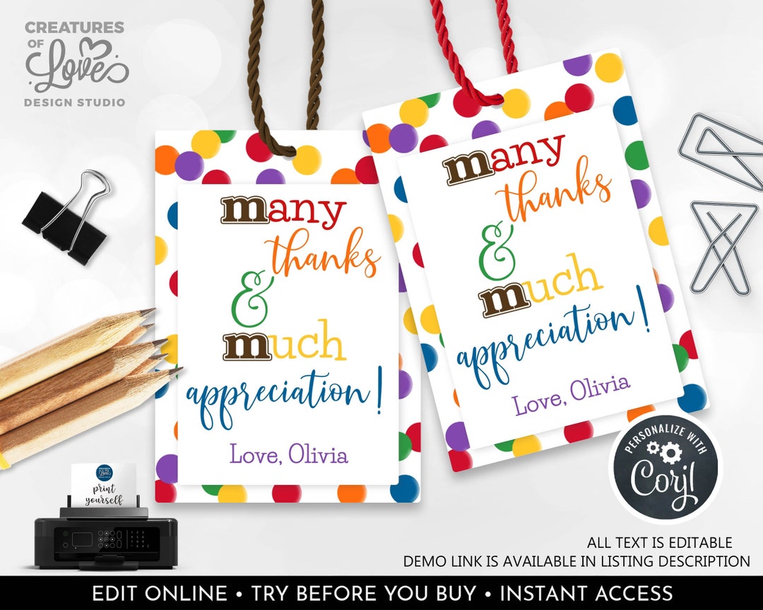 EDITABLE Many Thanks and Much Appreciation Gift Tag Teacher ...