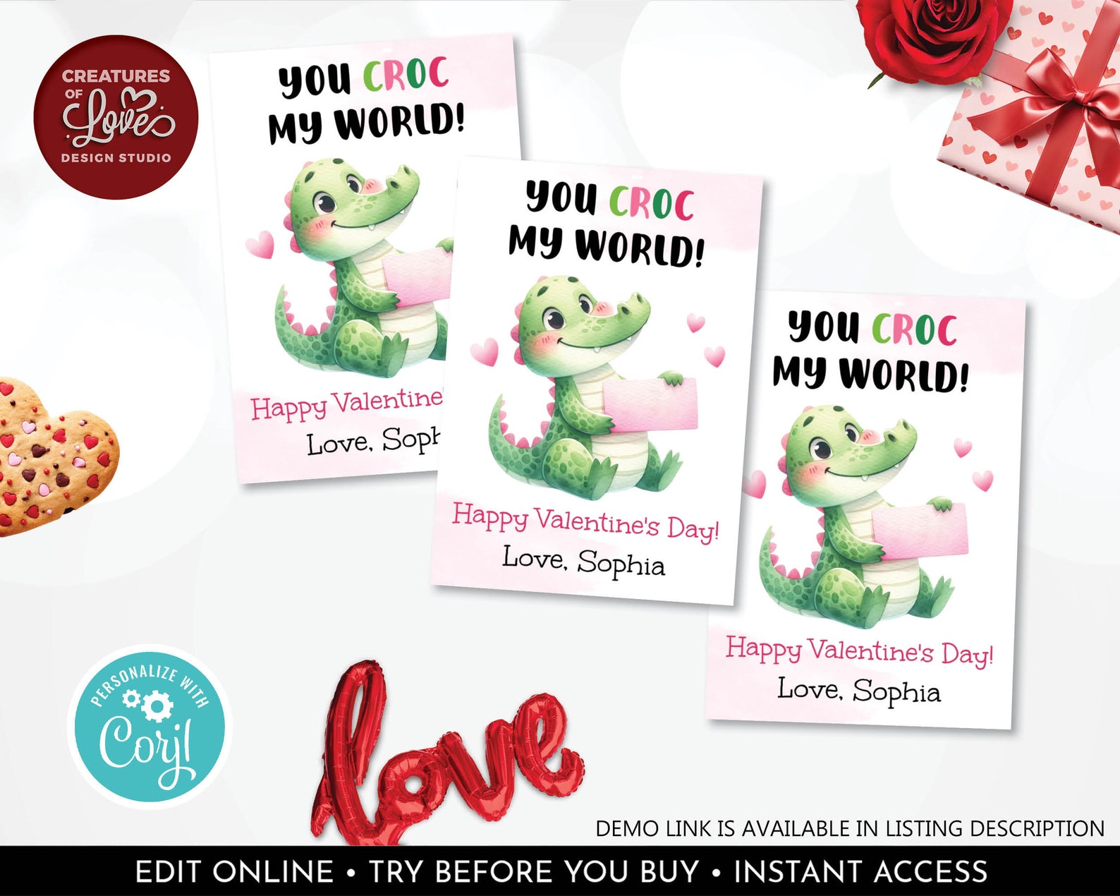 Editable Crocodile Valentine's Day Cards Alligator Valentines Tags ...