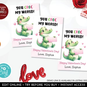 Editable Crocodile Valentine's Day Cards Alligator Valentines Tags ...