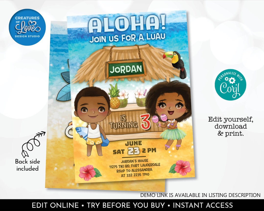 Editable Hawaiian Luau Birthday Party Invitation Tropical Pool Party ...