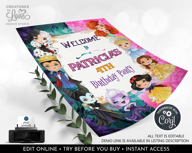 Princess Vs Villains Welcome Sign Editable Princess Witches Birthday ...