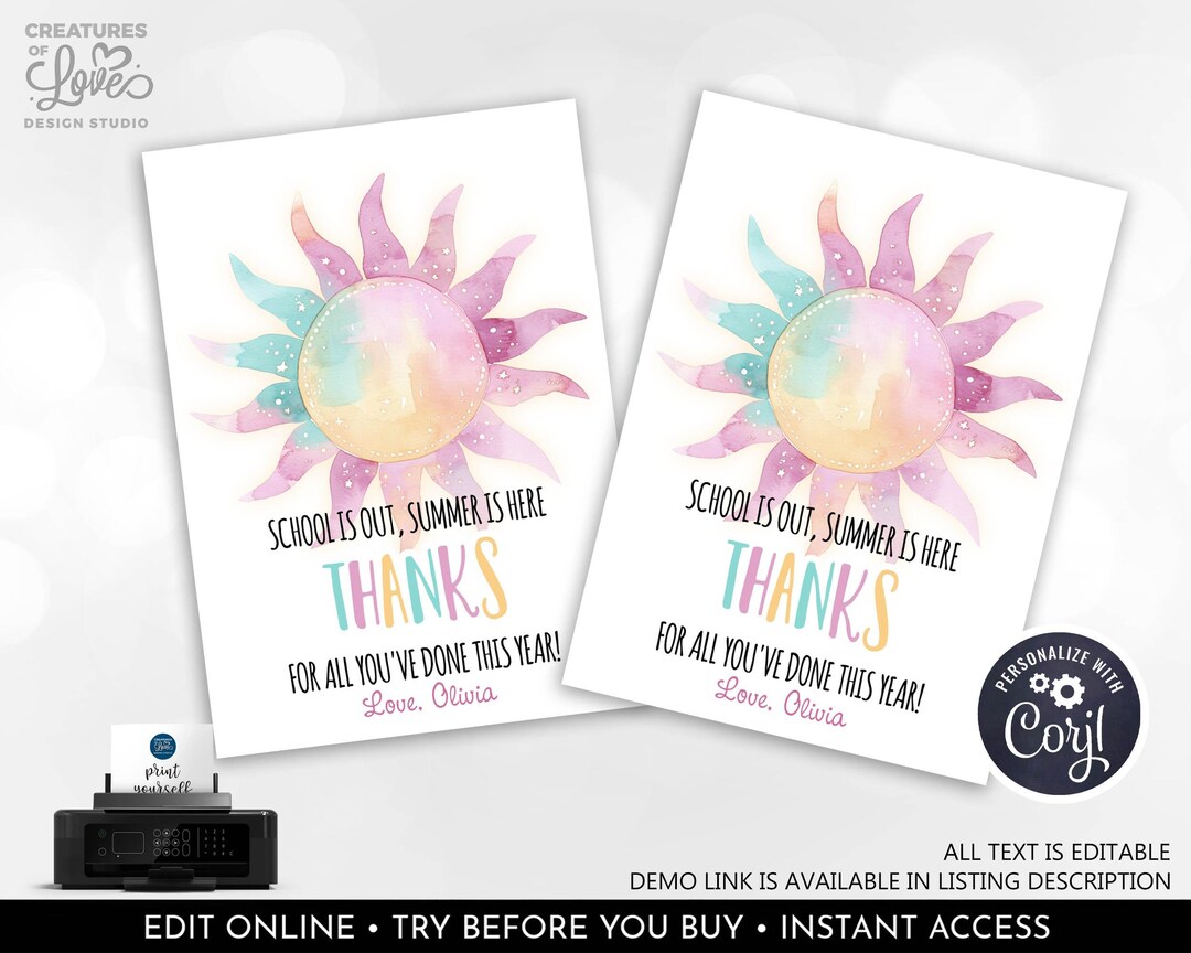 Editable Last Day of School Sunshine Tag End Year Thank You Pink Sun ...
