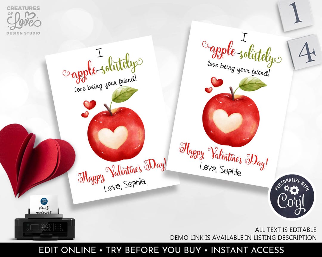 Editable Apple Valentine's Day Card Valentines Applesauce Gift Tag ...