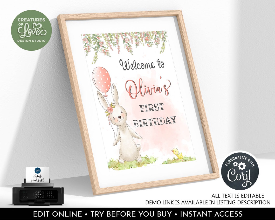 Editable Bunny Welcome Sign Some Bunny is One Birthday Party Sign Pink ...