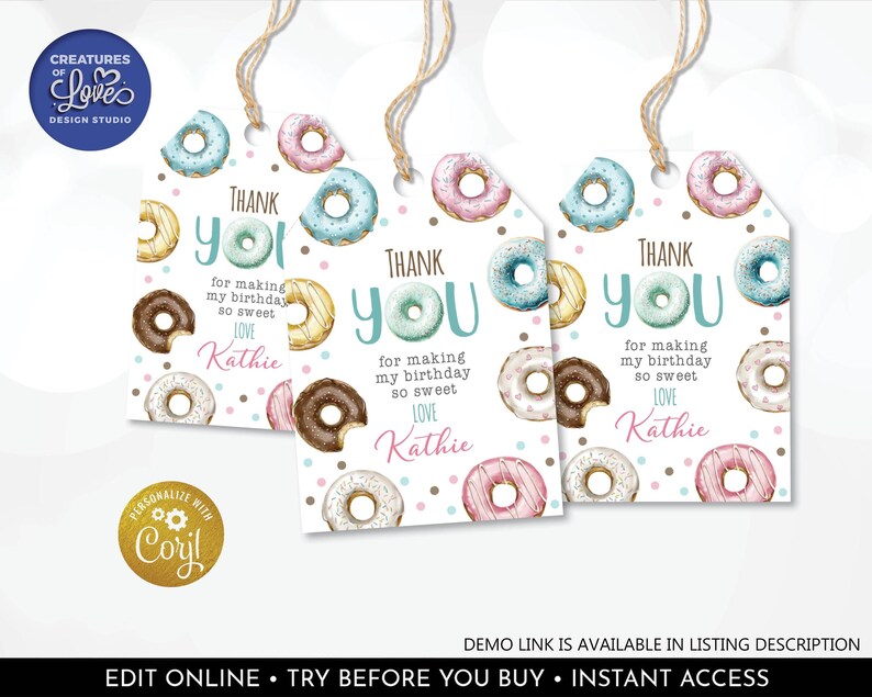 Editable Donut Favor Tag Donut Birthday Party Tag Donut Baby Shower ...
