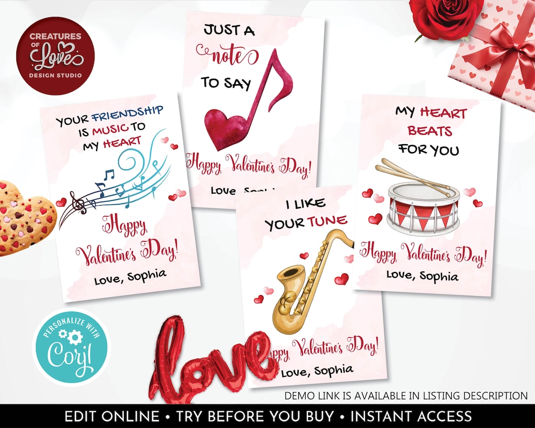 Editable Music Valentine's Day Cards Music Valentine's Gift Tags ...