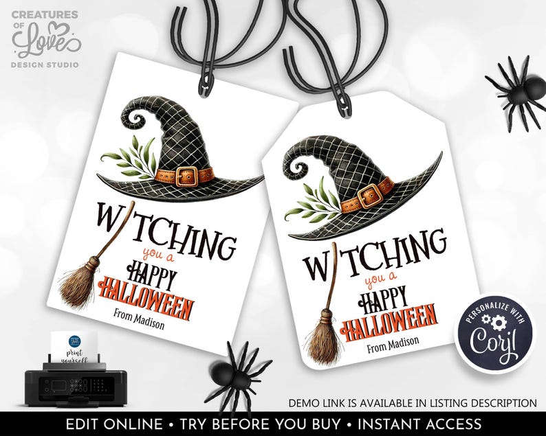 Editable Halloween Gift Tag Happy Halloween Treat Bag Tag Witch Party ...