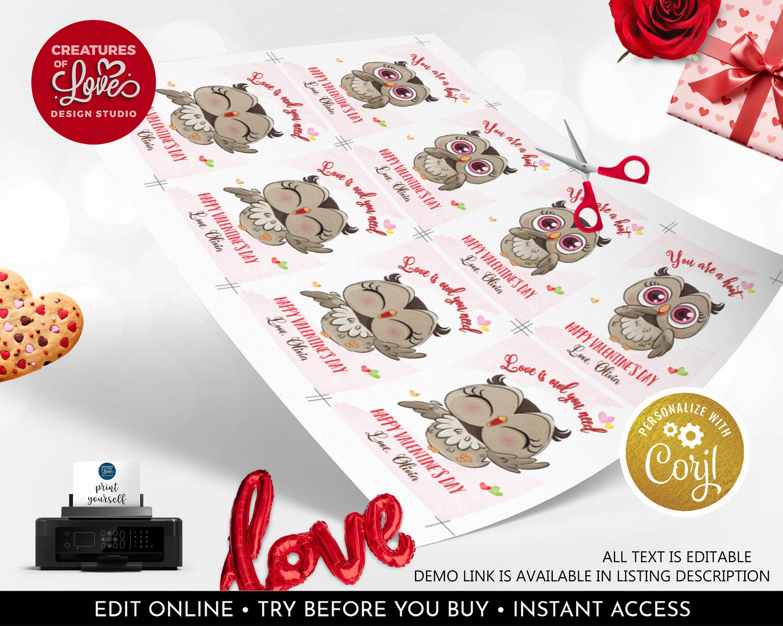 Editable Owl Valentine's Day Card Love is Owl You Need Kids Cards ...