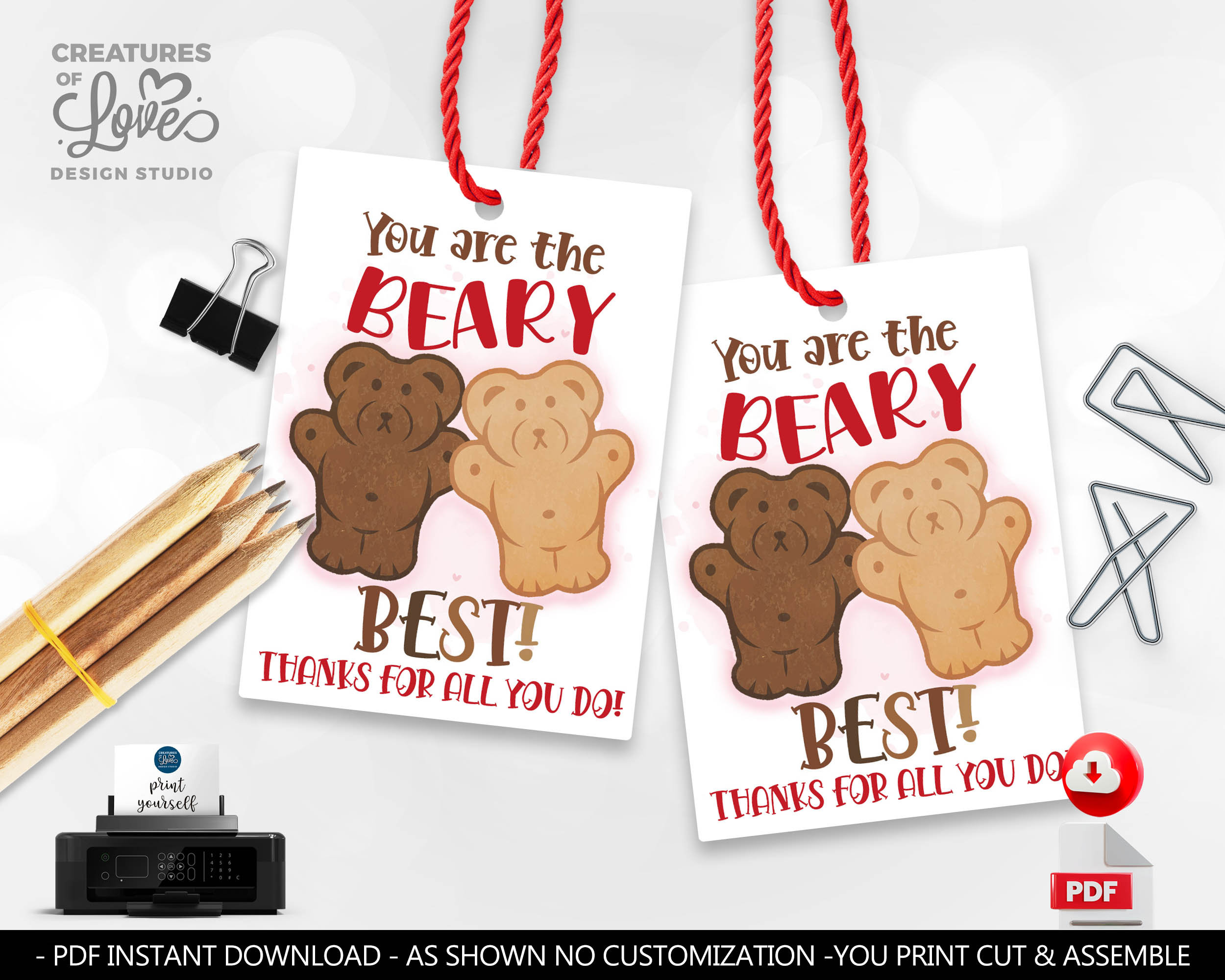 Teacher Appreciation Tags You Are the Beary Best Tag Employee Staff ...