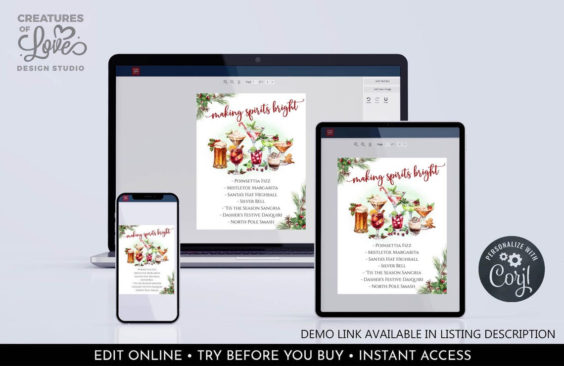 Editable Christmas Cocktail Menu Making Spirits Bright Drinks Sign ...