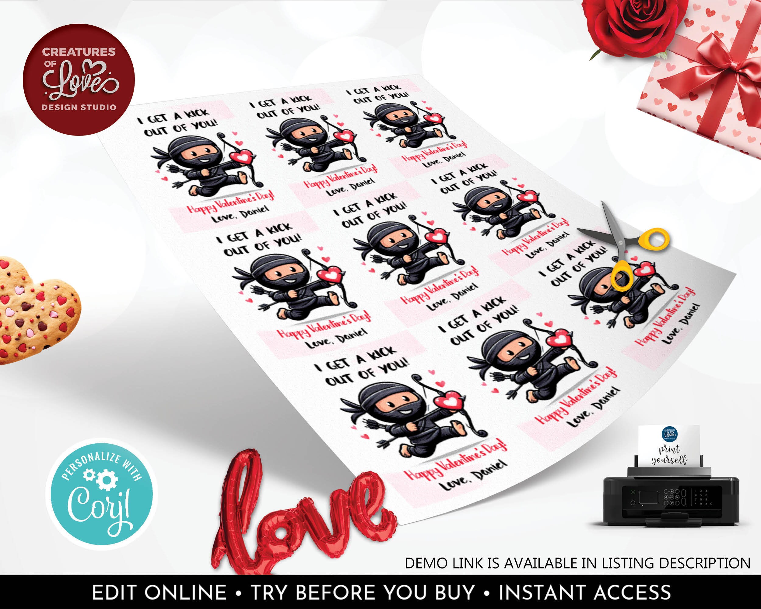 Editable Ninja Valentine's Day Cards Valentine's Day Ninja Gift Tags ...