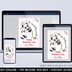 Editable Panda Valentine's Day Card Panda Bear Valentines Kids Cards ...