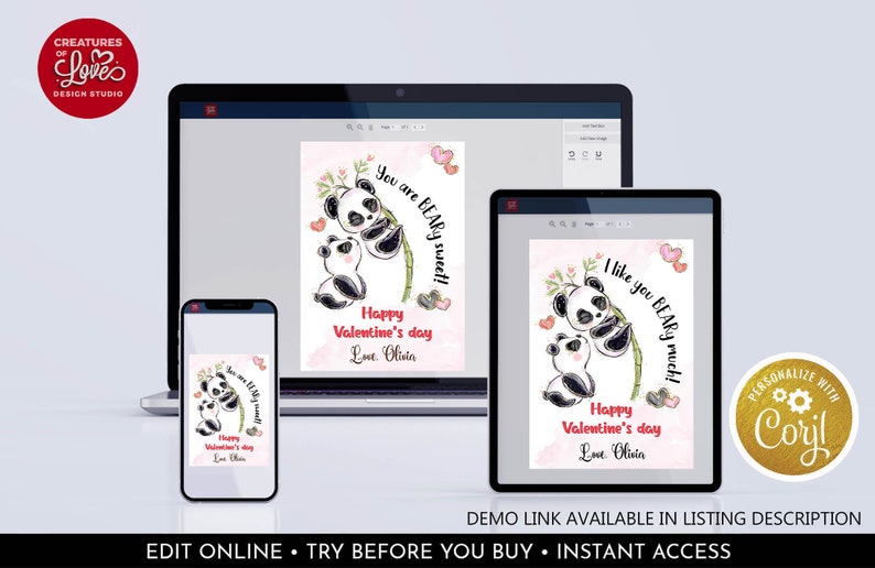 Editable Panda Valentine's Day Card Panda Bear Valentines Kids Cards ...