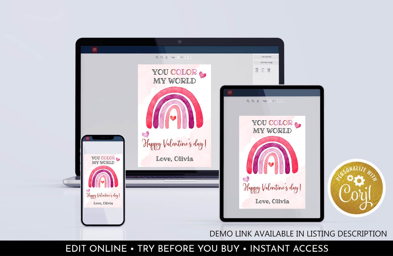 Editable Rainbow Valentine's Day Card You Color My World Kids Cards ...