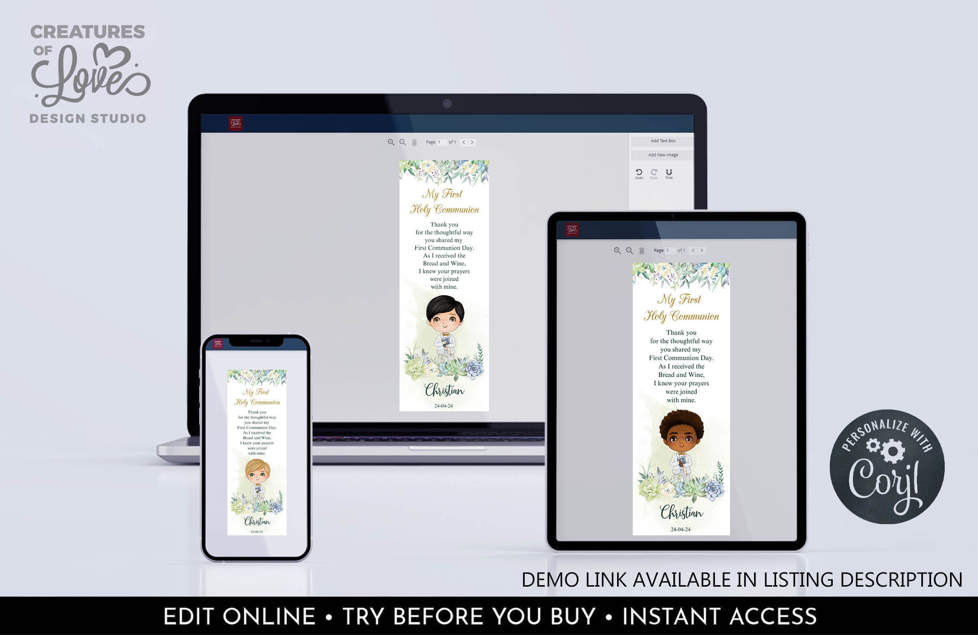 Editable First Holy Communion Bookmarks Template Boy First Communion ...