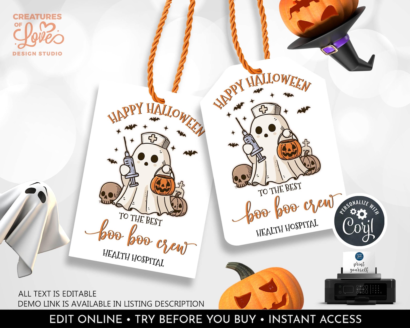 EDITABLE Halloween Gift Tags Halloween Nurse Tag Halloween Boo Boo Crew ...