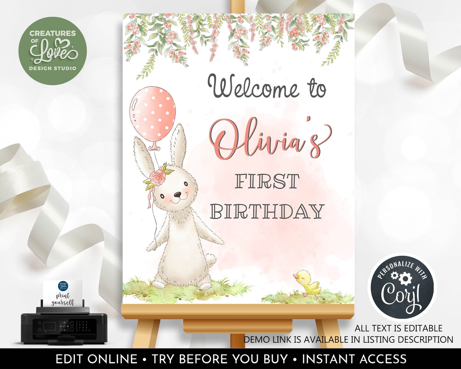 Editable Bunny Welcome Sign Some Bunny is One Birthday Party Sign Pink ...
