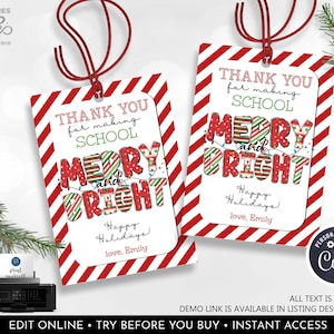 Editable Thank You for Making School Merry and Bright Gift Tags Teacher ...