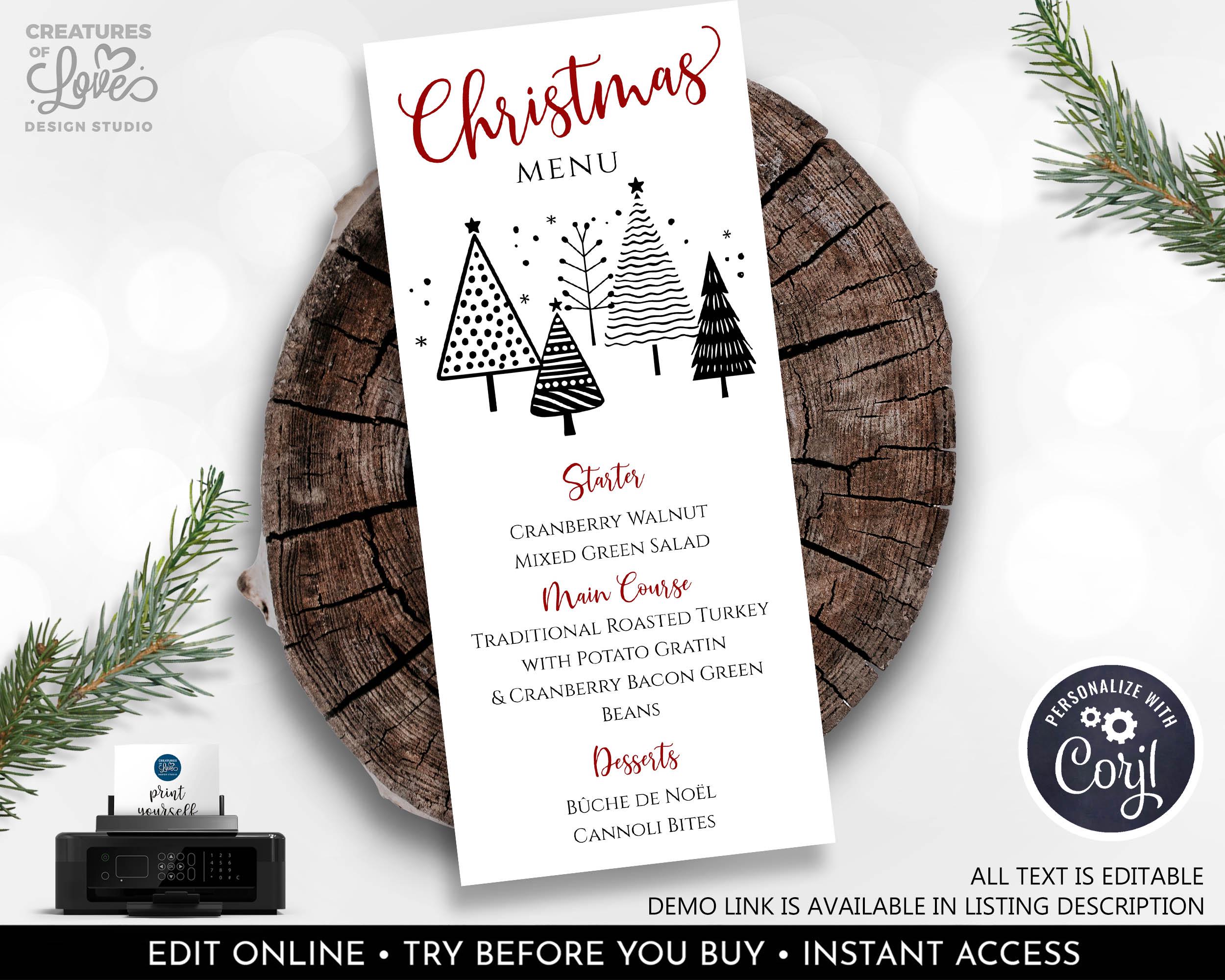 Editable Christmas Menu Holiday Dinner Party Menu Christmas Menu Card ...