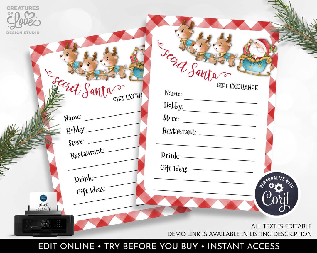 Editable Secret Santa Gift Exchange Card Secret Santa Questionnaire ...