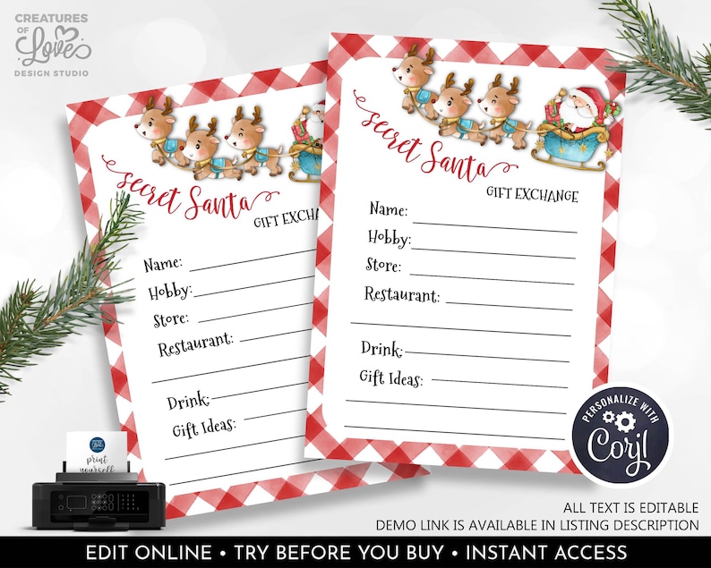 Editable Secret Santa Gift Exchange Card Secret Santa Questionnaire ...