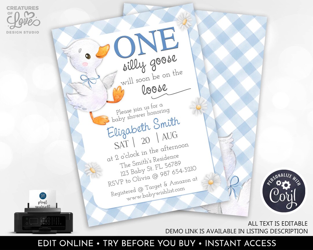 Silly Goose Baby Shower Invitation Boy Blue Baby Goose Shower Invite ...