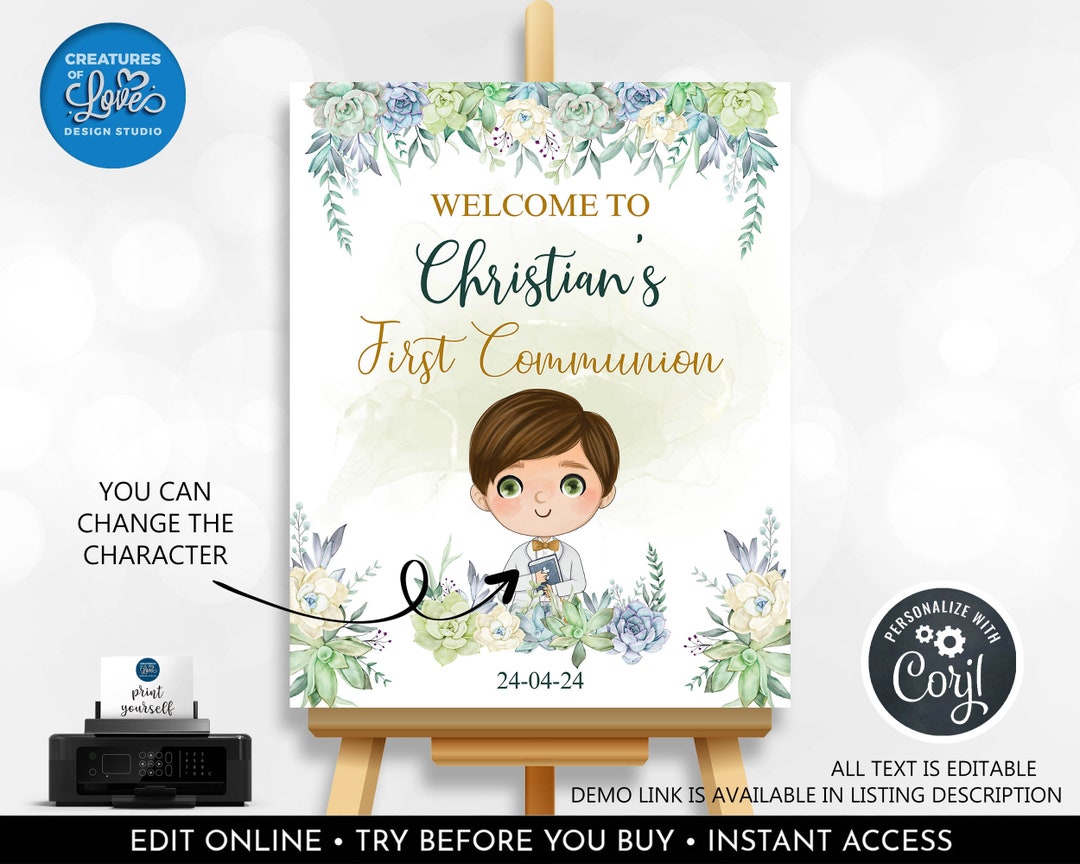 First Holy Communion Welcome Sign Editable Boy First Communion Board ...