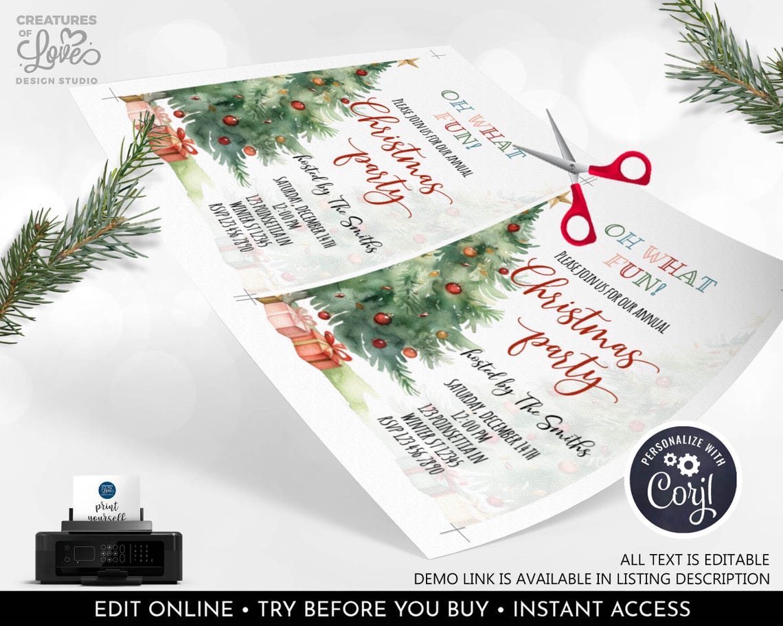 Editable Christmas Party Invitation Oh What Fun Christmas Tree Invite ...