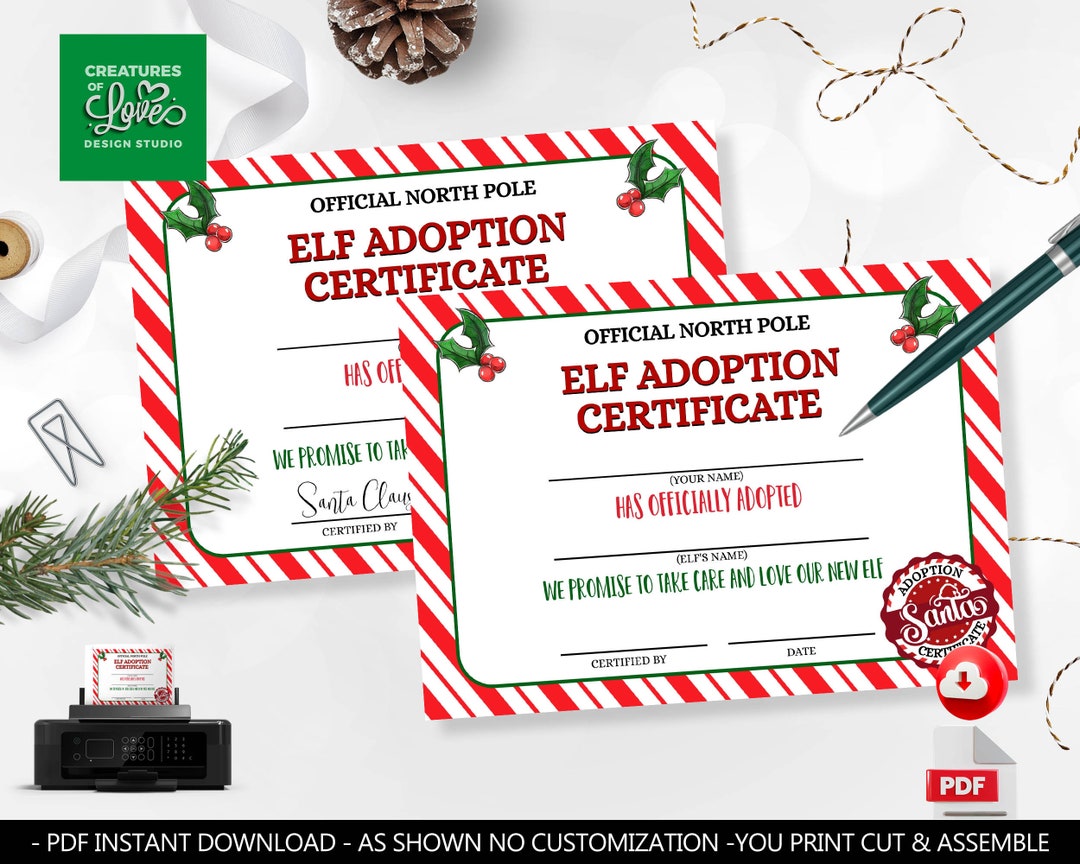 Elf Adoption Certificate Santa's Official Adopt an Elf Certificate ...