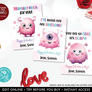 Editable Monster Valentine's Day Cards Monster Valentine Gift Tags ...
