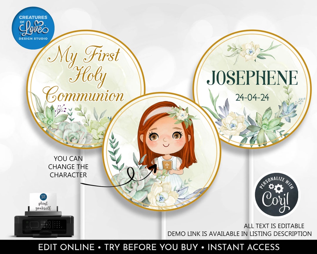 First Communion Centerpieces Editable Girl First Holy Communion Cake ...