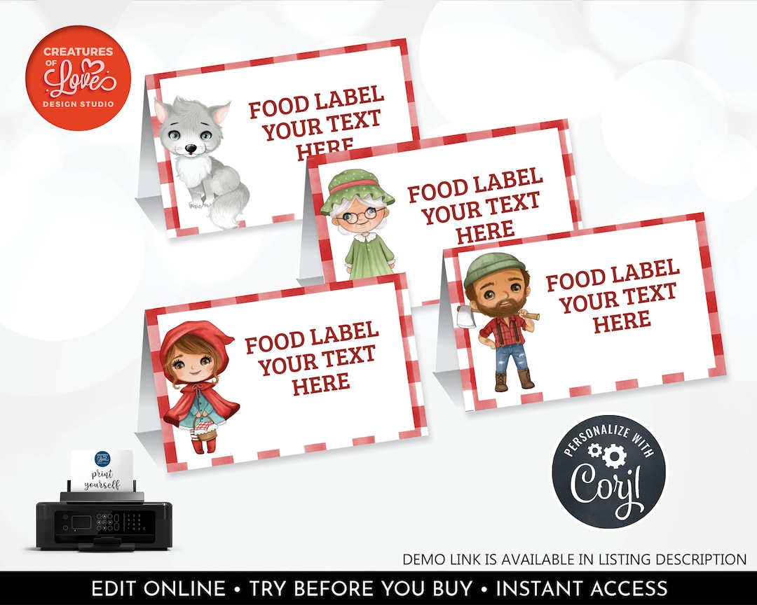 Little Red Riding Hood Food Tent Labels Editable Buffet Tags Girl Party ...