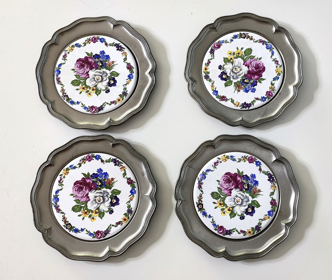 4 Vintage Pewter Plates Coasters Porcelain With Pewter Fitting and ...