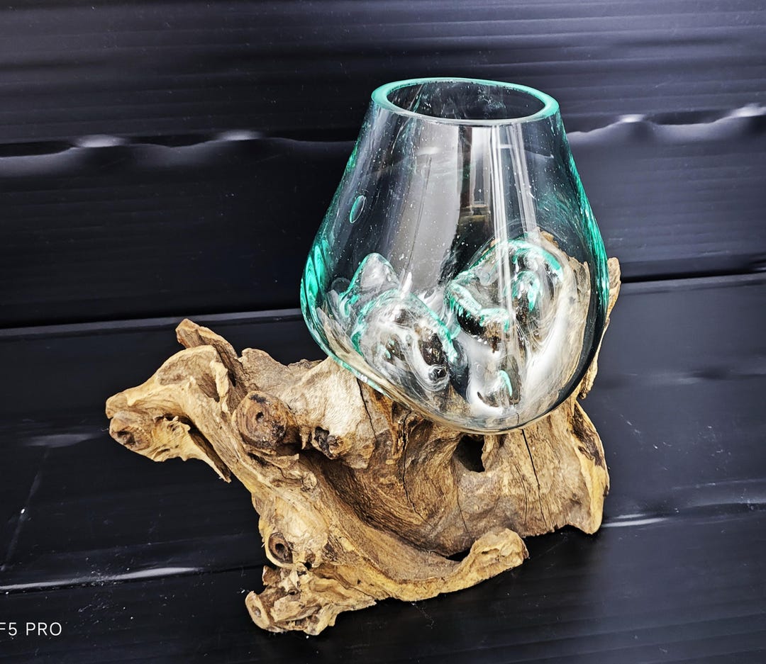 Vase Made of Greenish Glass on a Tree Root Stand, Mouth-blown - Etsy