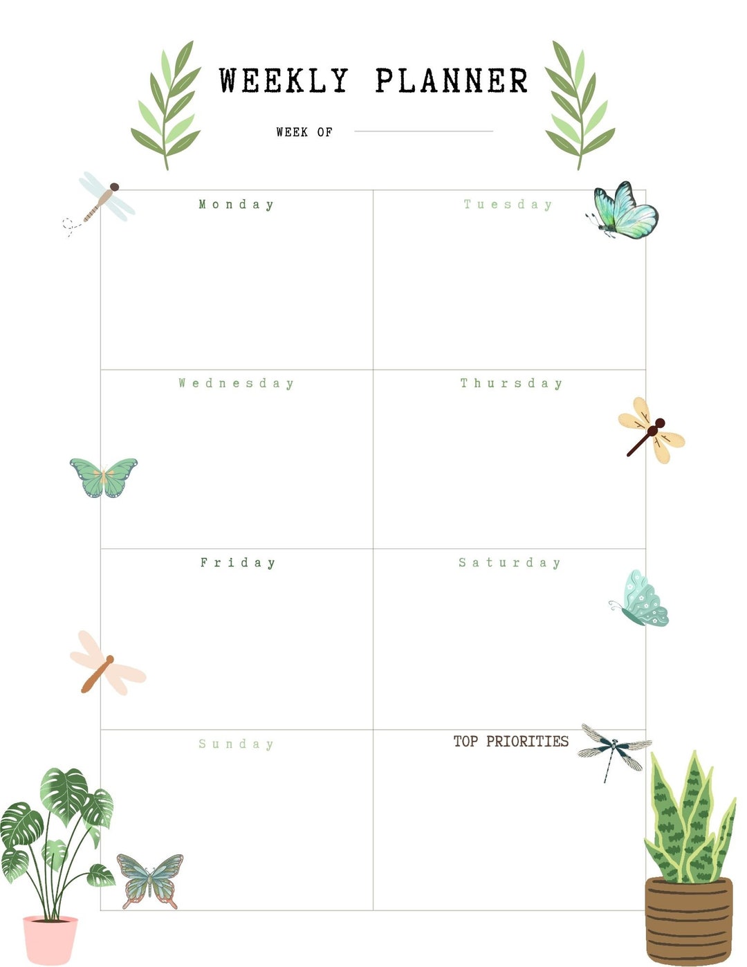 Weekly Planner, Digital Download, One Page Planner, Undated Planner - Etsy