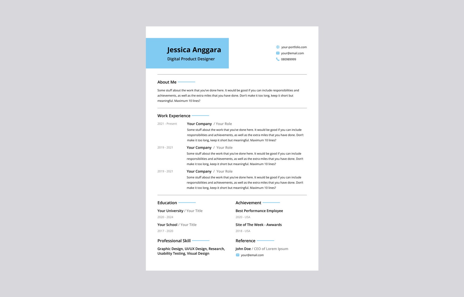 Resume Cv Template for Microsoft Word, Canva & Figma | 1 Page Resume ...