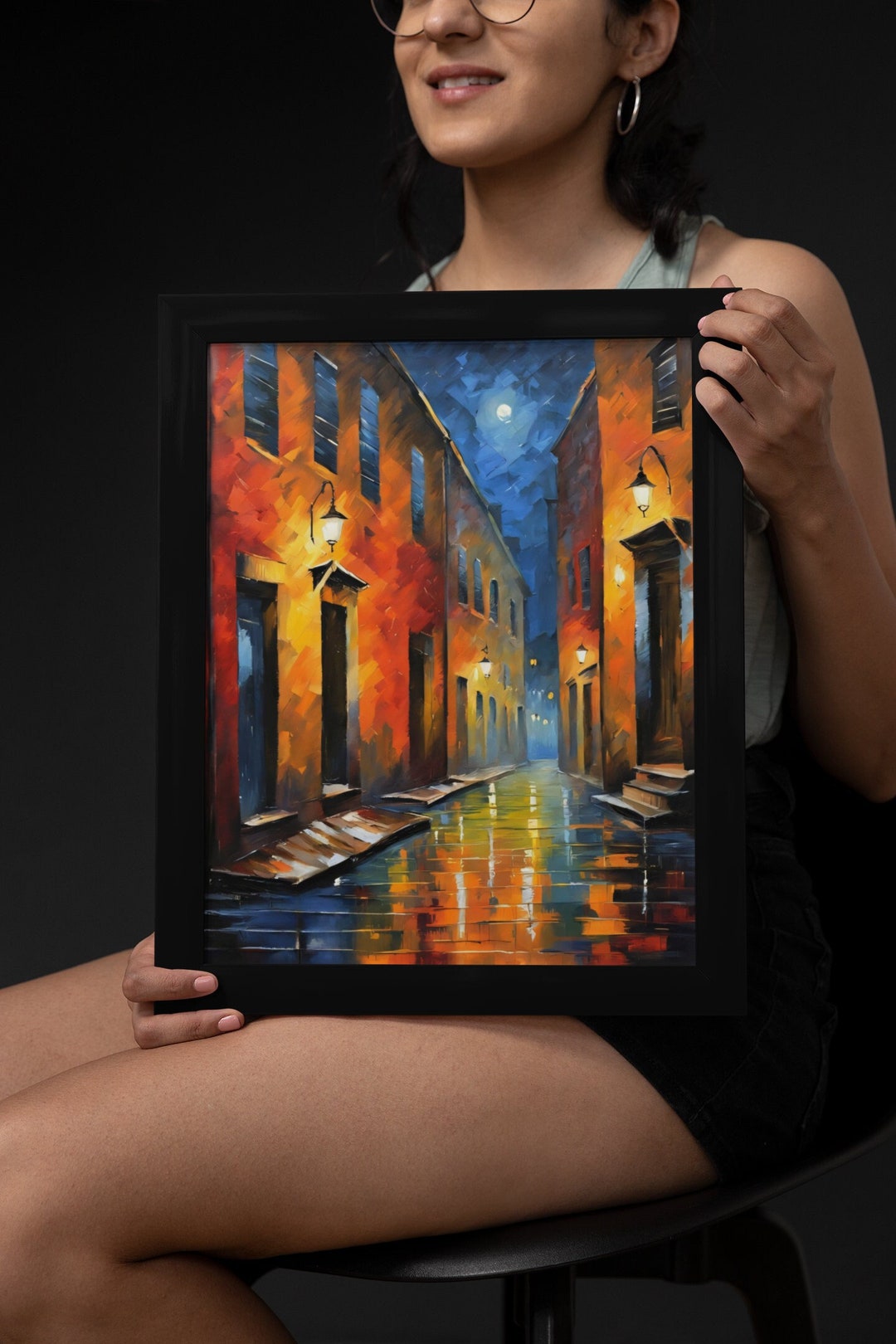 City Street at Night, Large Night Scenary Painting, Wall Art, Modern ...