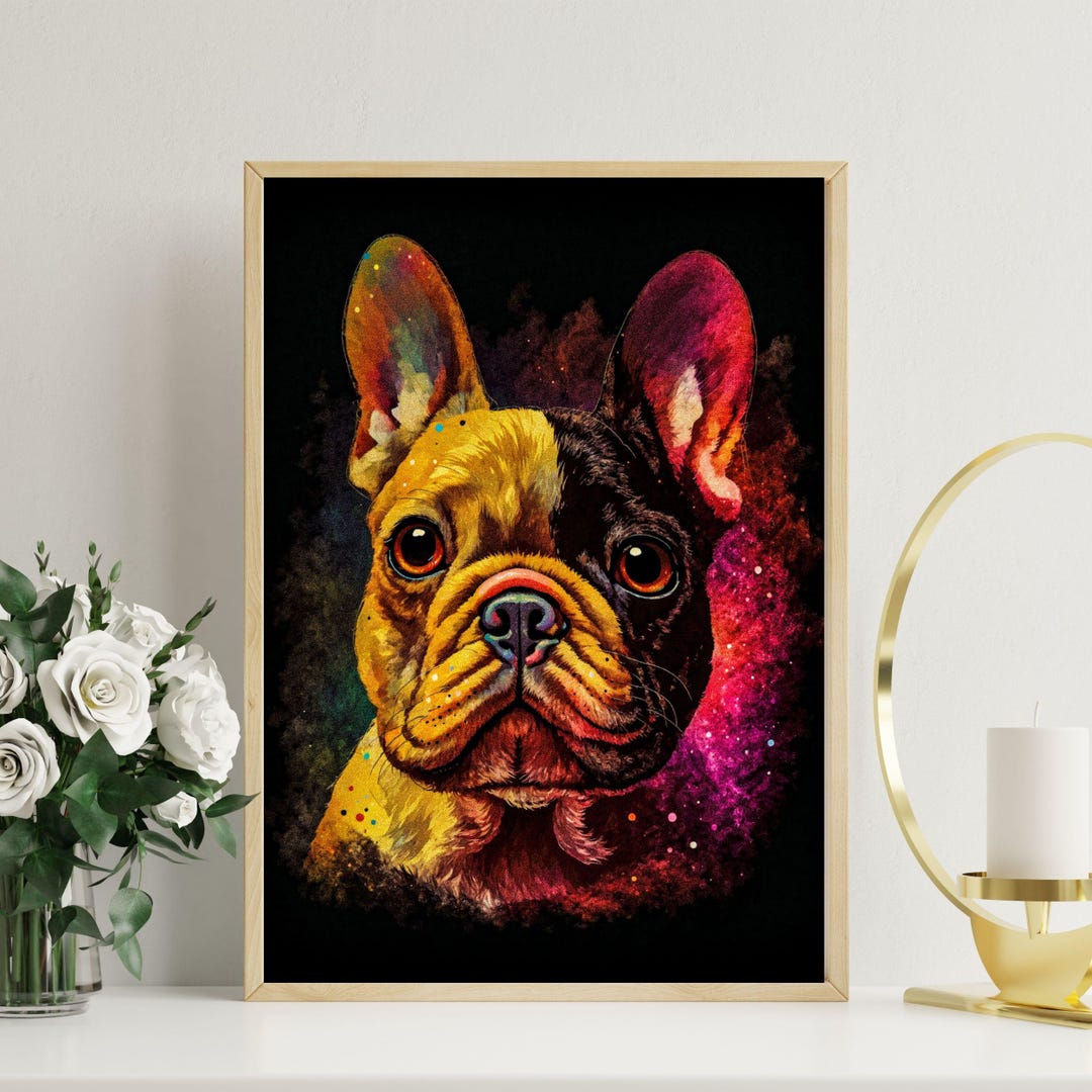 Split Color French Bulldog Art, Frenchie Portrait, Yellow and Magenta ...