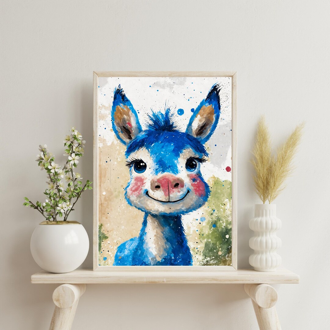 Wonky Blue Donkey Art Print, Cute Donkey Portrait, Farm Animal Art ...